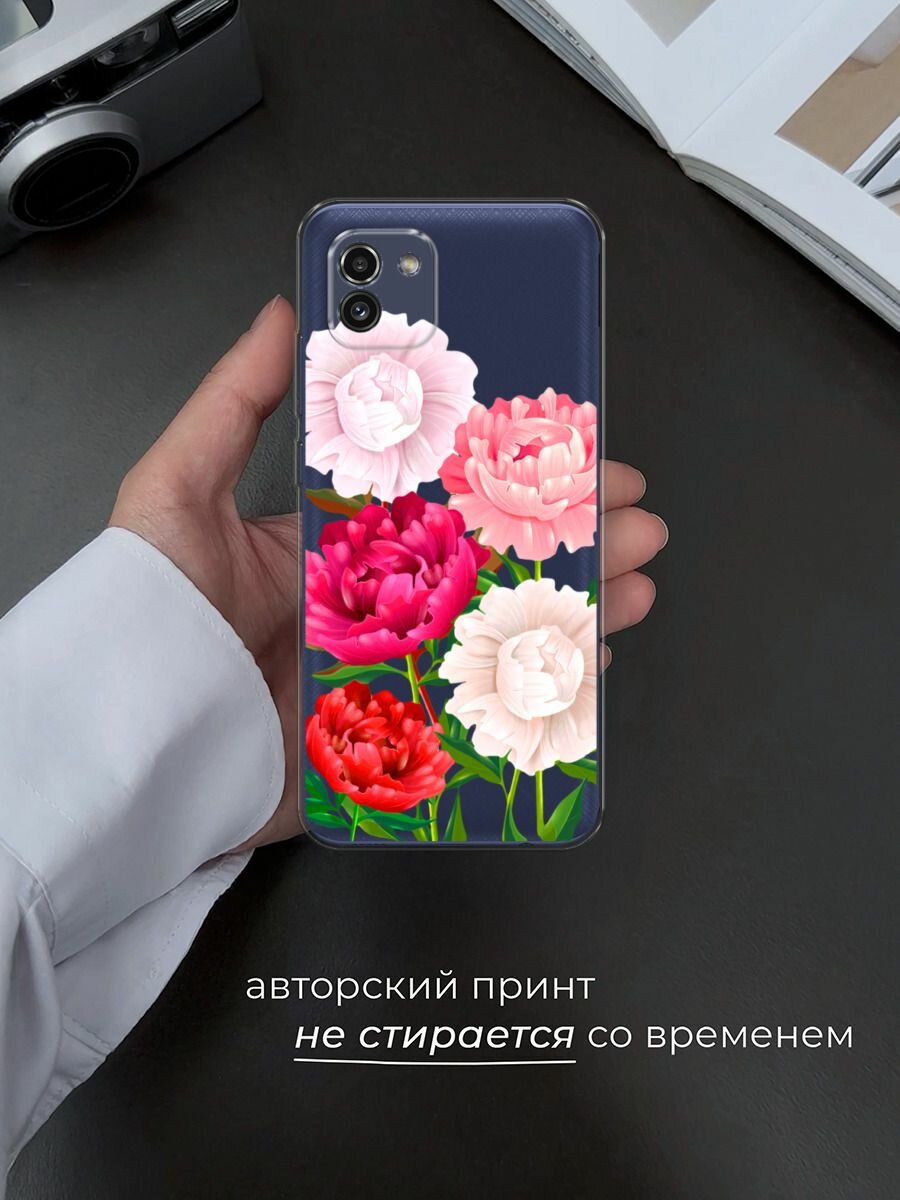 Чехол на Samsung Galaxy A03 / Самсунг Галакси А03 с принтом "Большие пионы", прозрачный — фото 1