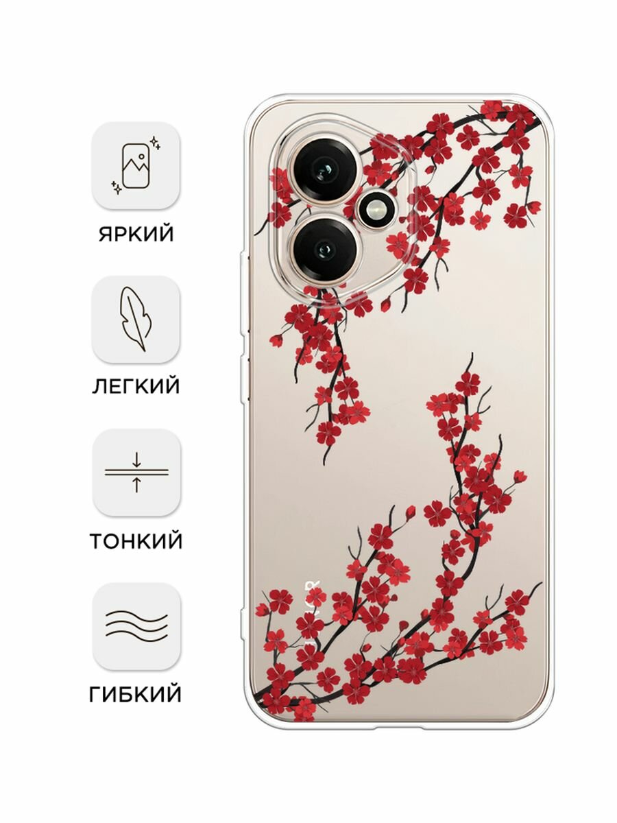 Чехол на Honor 400 / Хонор 400 с принтом "Красная сакура", прозрачный — фото 1