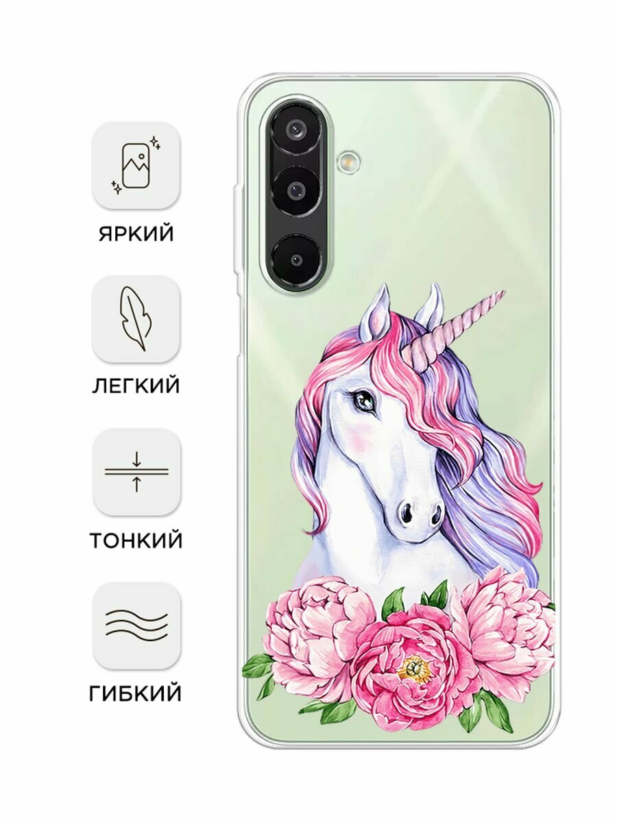 Чехол на Samsung Galaxy M16 / Самсунг Галакси М16 с принтом "Единорог с пионами", прозрачный — фото 1