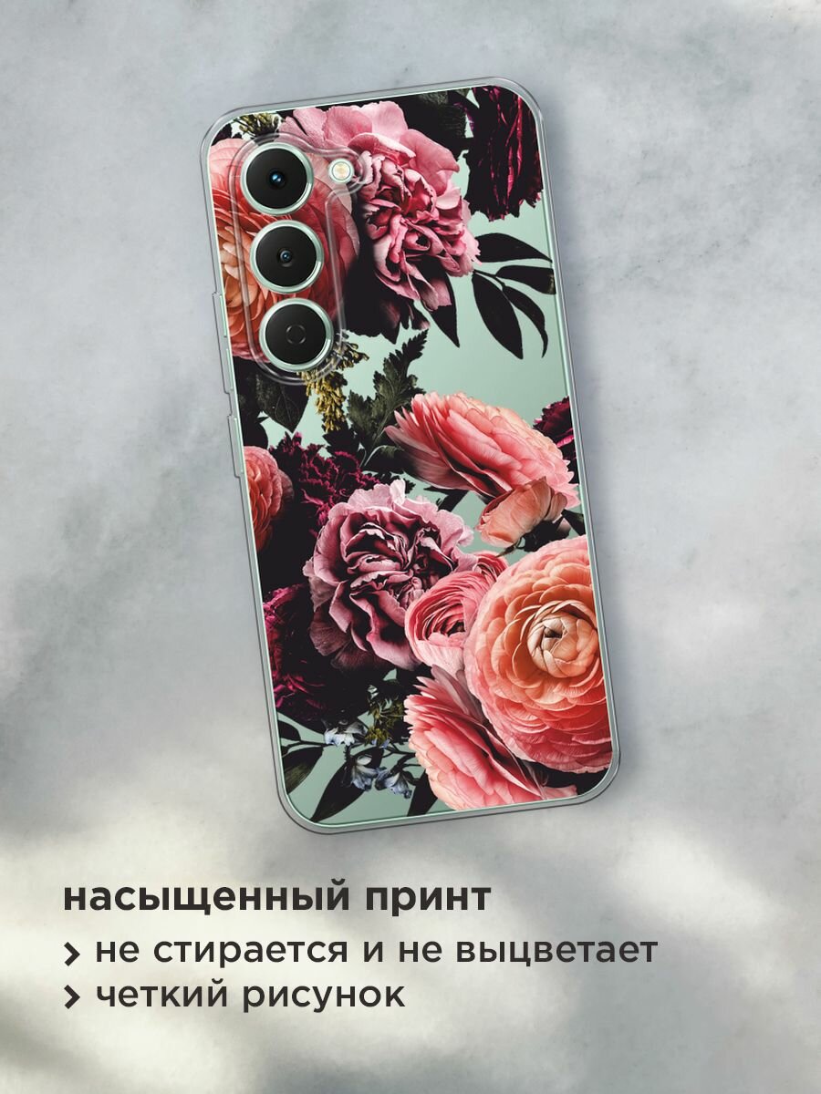 Чехол на Tecno Spark 40 Pro / Текно Спарк 40 Про с принтом "Бордовые винтажные цветы", прозрачный — фото 1