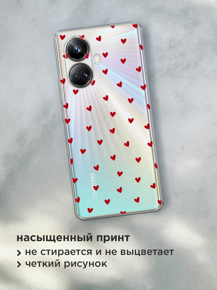 Чехол на Realme 10 Pro+ / Реалми 10 Про+ с принтом "Red hearts", прозрачный — фото 1
