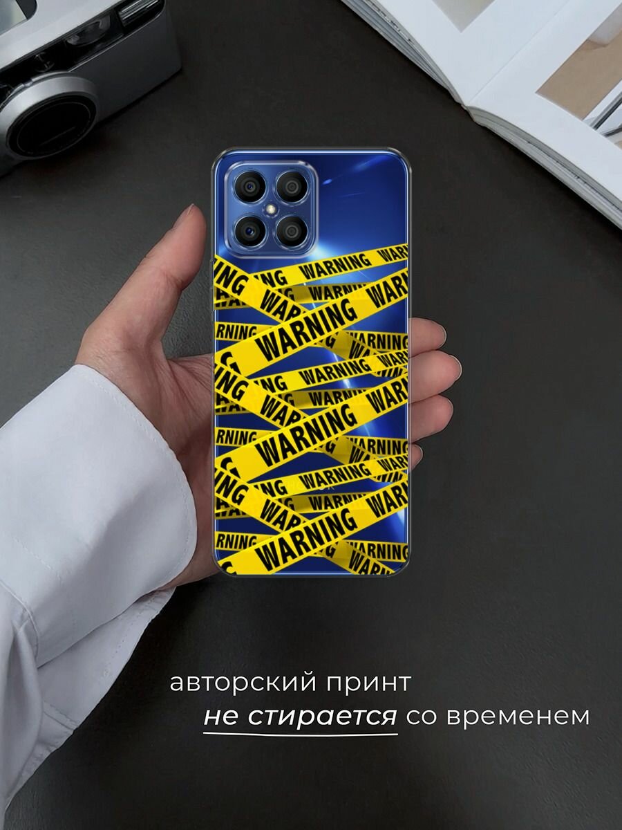 Чехол на Honor X8 / Хуавей X8 с принтом "Warning!", прозрачный — фото 1
