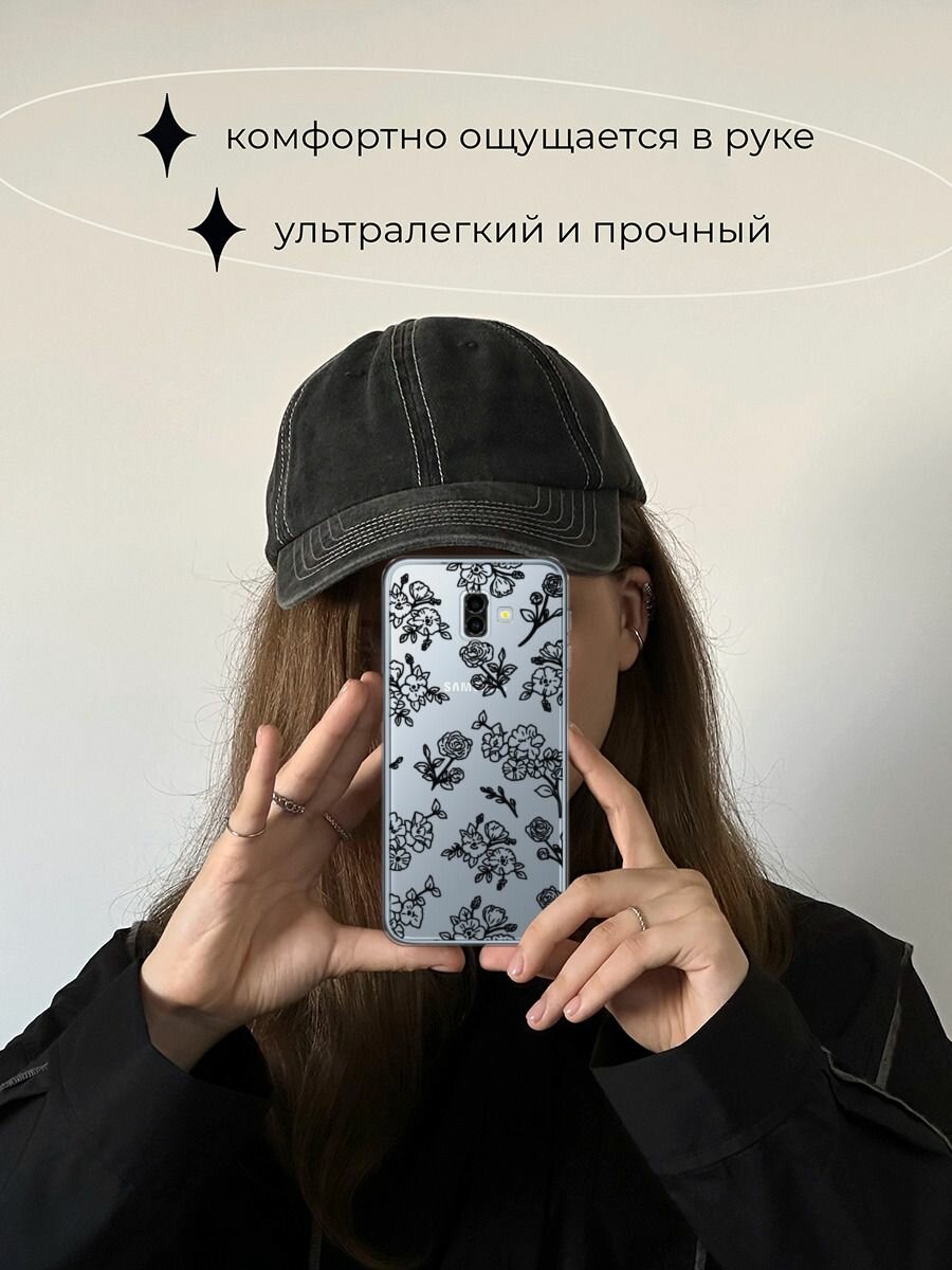 Чехол на Samsung Galaxy J6 + / Самсунг Галакси J6 Плюс 2018 с принтом "Черные розы паттерн", прозрачный — фото 1