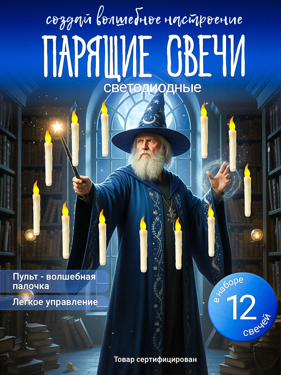 Новогодние парящие свечи Гарри Поттер с волшебной палочкой, светодиодные интерьерные свечи 12шт.