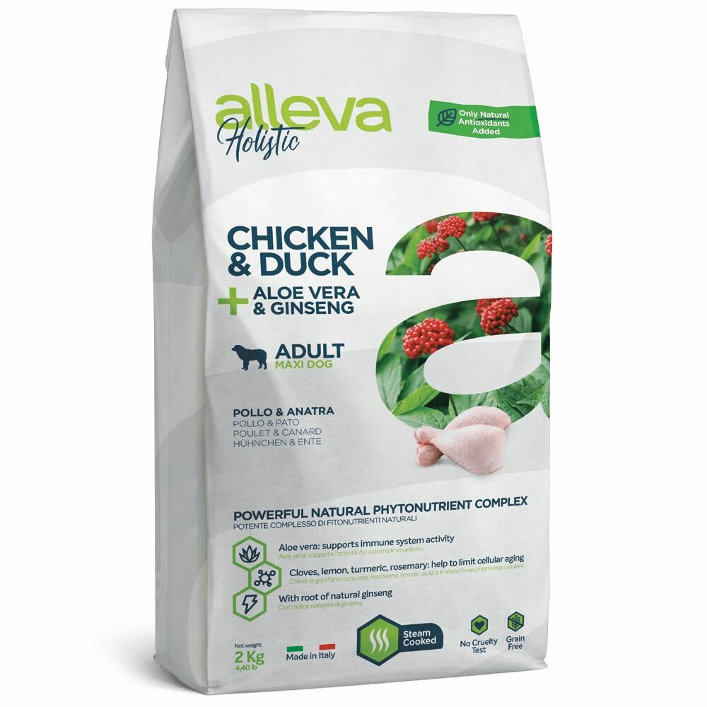 Alleva Holistic - Сухой корм для взрослых собак крупных пород, беззерновой, курица с уткой, алоэ вера и женьшенем (2 кг)