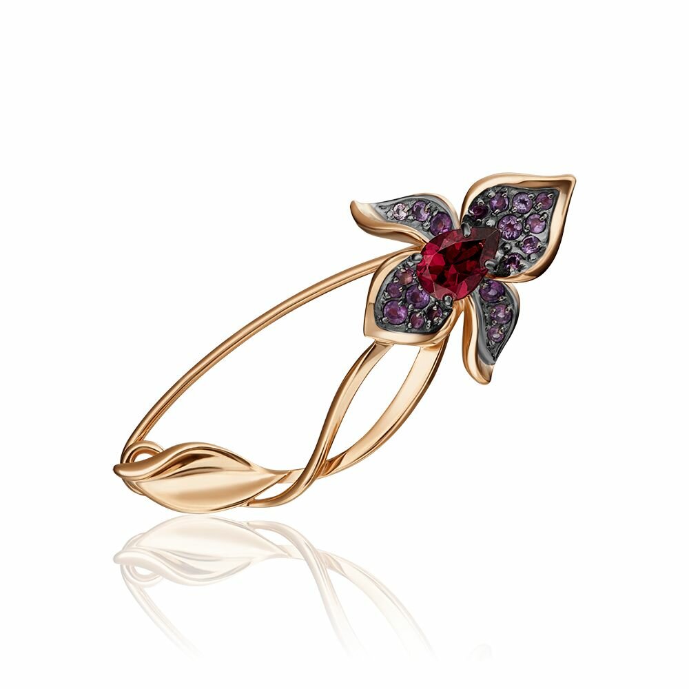 Брошь, красное золото, 585 проба, гранат, аметист