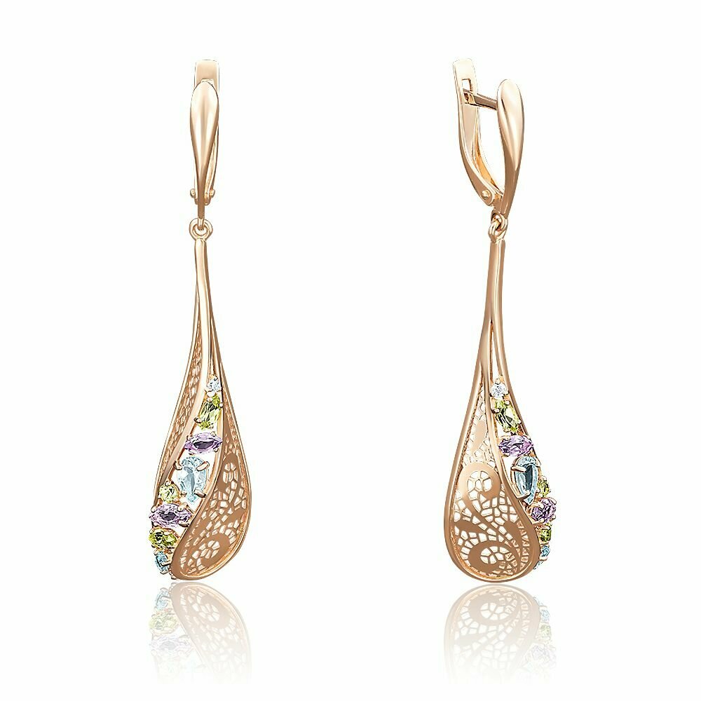 Серьги, красное золото, 585 проба, топаз, фианит, аметист, хризолит