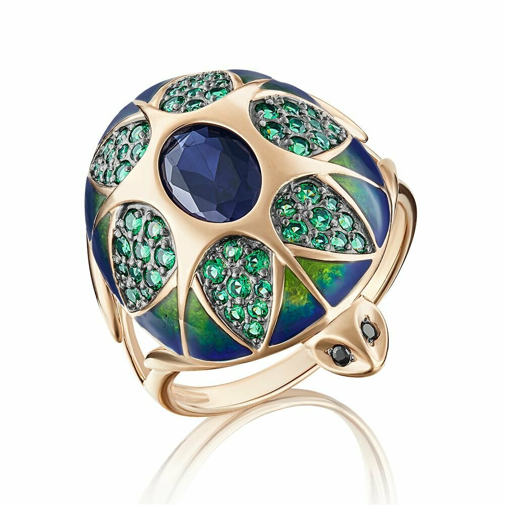 Кольцо, красное золото, 585 проба, эмаль, фианит, корунд