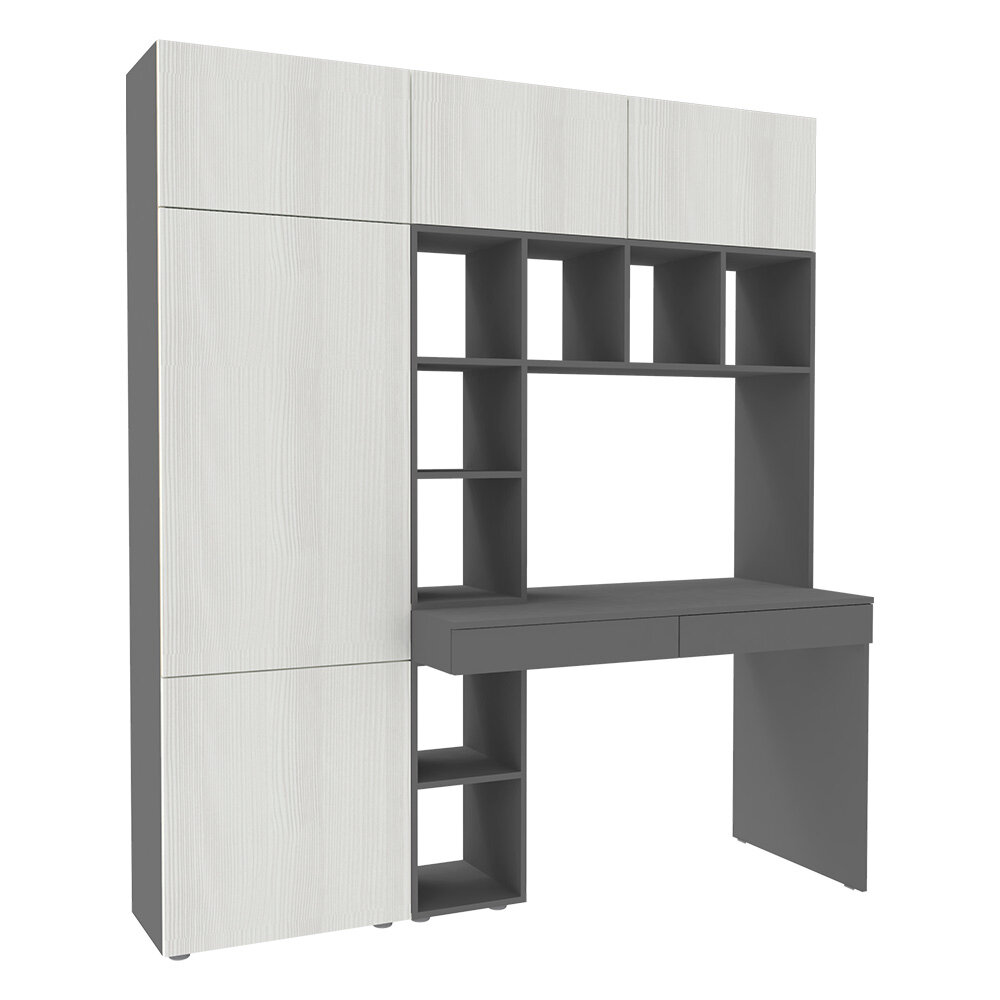 Стол письменный со стеллажом и шкафом 1800 (левый) Темно-серый Белое Дерево