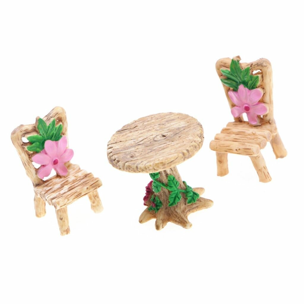 Миниатюрный кукольный домик, круглый столик, стулья и табуретки из смолы в пасторальном стиле - натуральный цвет