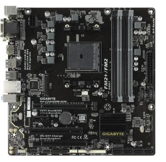 Материнская плата GIGABYTE GA-F2A68HM-D3H (FM2+, AMD A68H, 4xDDR3-2400 МГц, 2xPCI-Ex16, Micro-ATX)