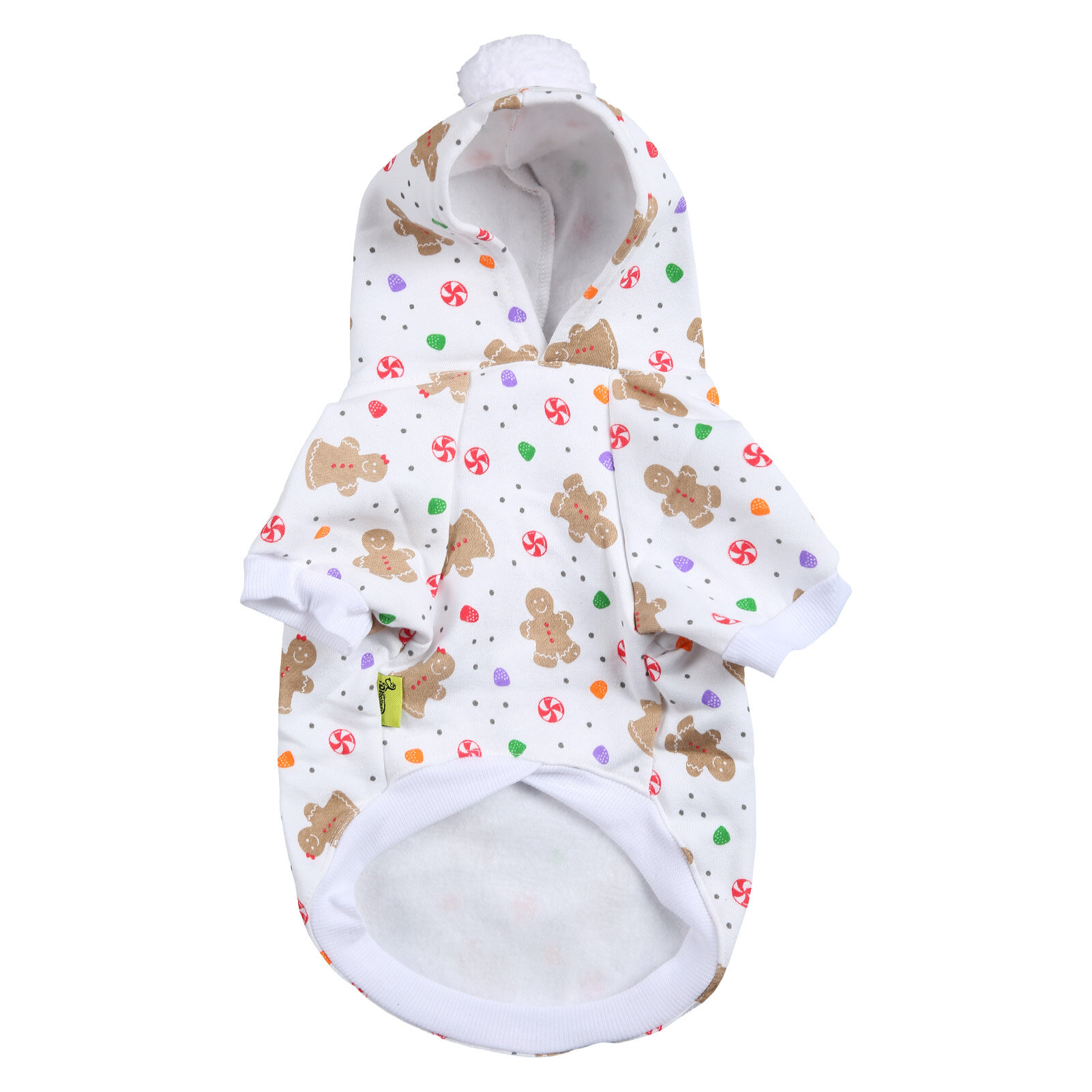 Рождественская толстовка для собак с белым фоном и милым пряничным человечком. Теплая зимняя куртка для маленьких и больших питомцев. Размер M.