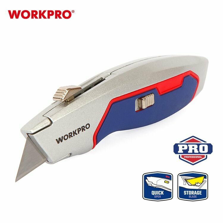 Нож выдвижной, алюминиевый, быстрооткрывающийся+ 3 лезвия WORKPRO