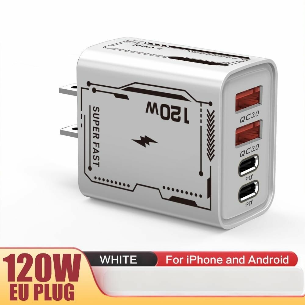 Мощное зарядное устройство 120W с 4 портами PD быстрая зарядка для телефона ноутбука