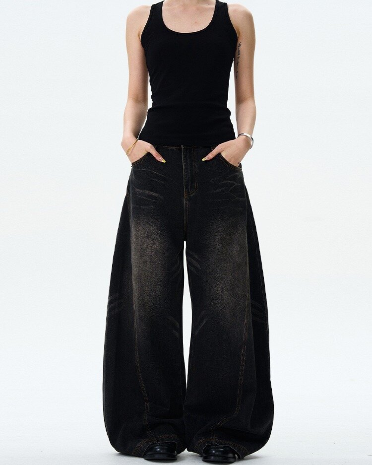 JYL Джинсы Мужские Винтажные Серые Кляксы Рваные Прямые Широкие Ноги Деним, Размер_2XL