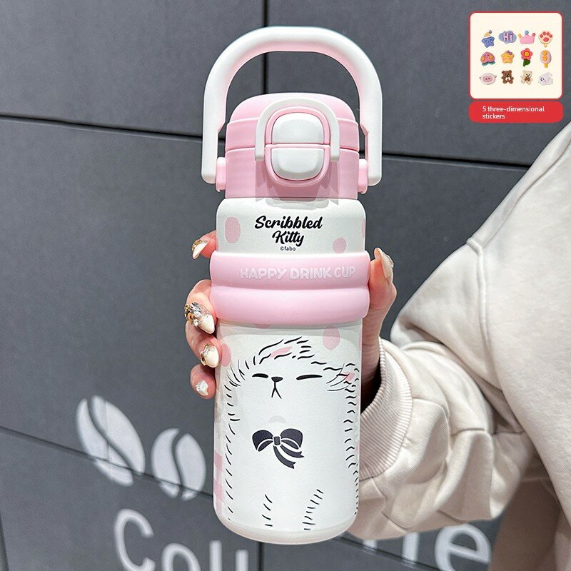 Нержавеющая сталь 600 мл термос с двойным питьем, титановым покрытием и 3D наклейкой, цвет розовый