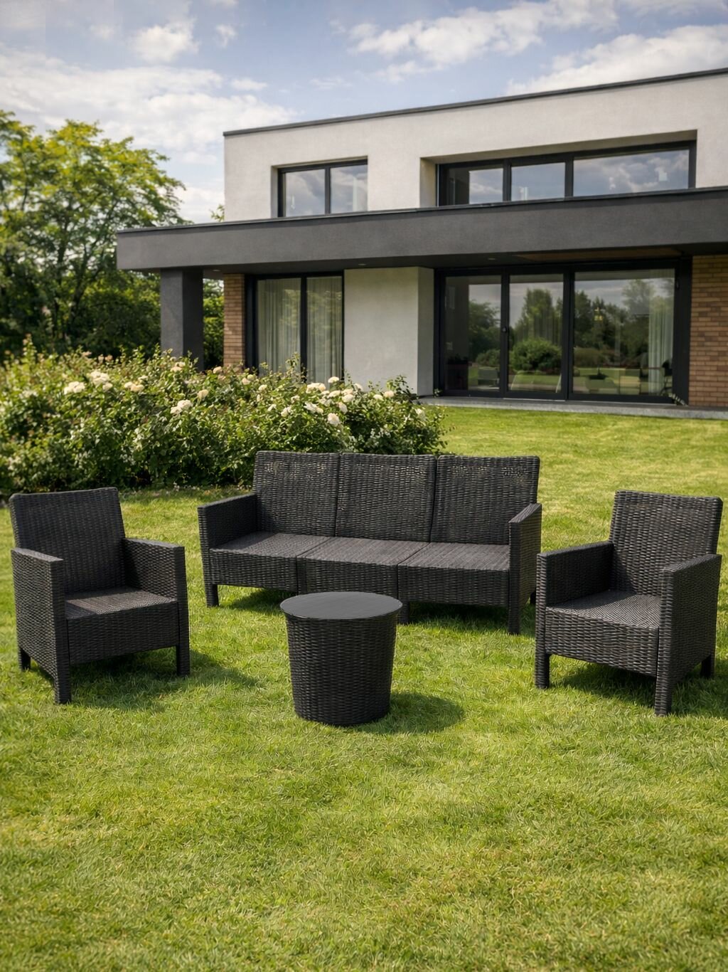 Комплект садовой мебели, 2 кресла, с тройным диваном и столиком, серый, под ротанг