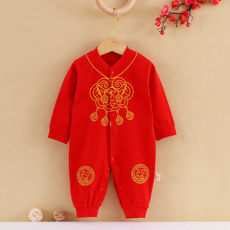 Красный наряд для новорожденного на полнолуние, тонкий комбинезон, праздничный ярко-красный бесшовный комбинезон для новорожденного на сто дней