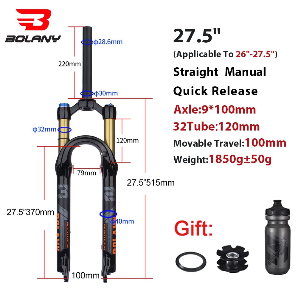 Bolany воздушная вилка MTB 32 мм 27.5/29 дюймов 120 мм Черный, 27.5 Manual