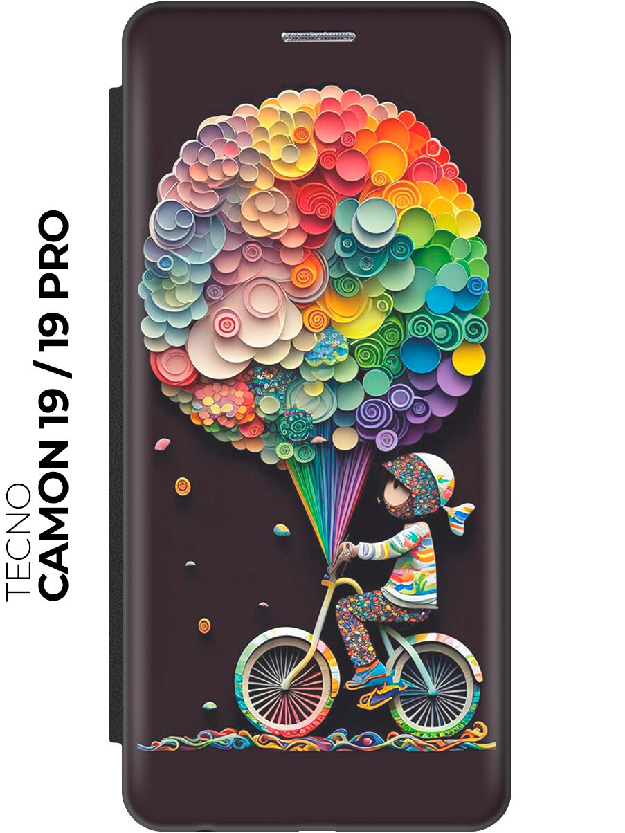 Чехол-книжка на Tecno Camon 19 / 19 Pro / Техно Камон 19 / 19 Про с рисунком "Велосипедист и шарики" черный