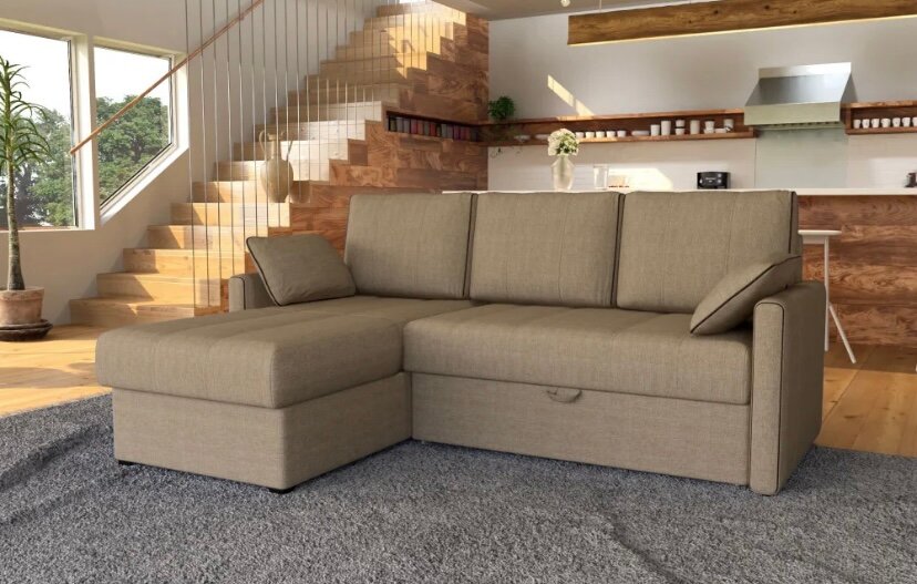 Угловой диван DiHall Римини, бежевый, раскладной, механизм дельфин, с ящиком для белья