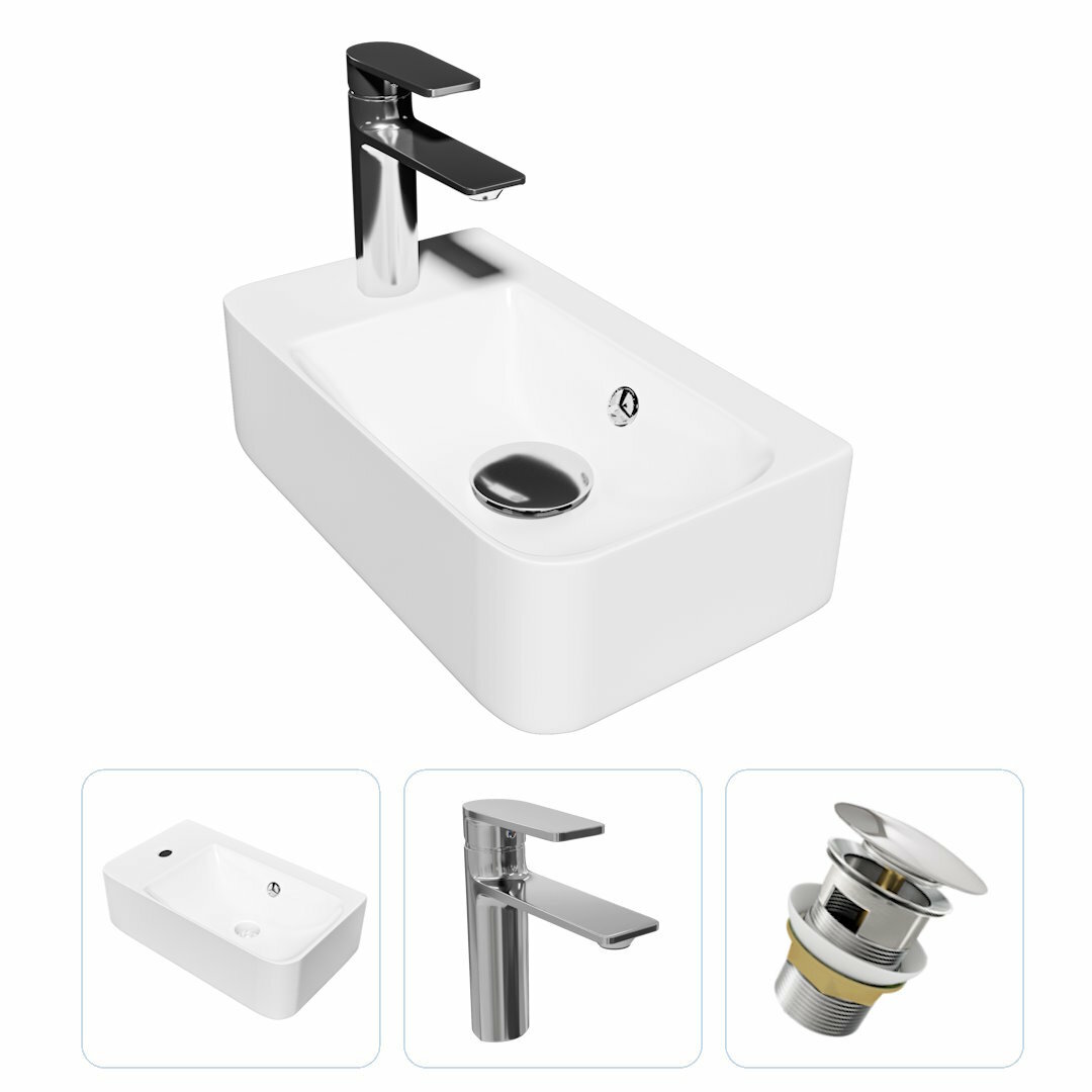 Раковина подвесная для ванной Teymi Hanna 45 левая в комплекте смеситель хром и донный клапан клик-клак с переливом хром F07666