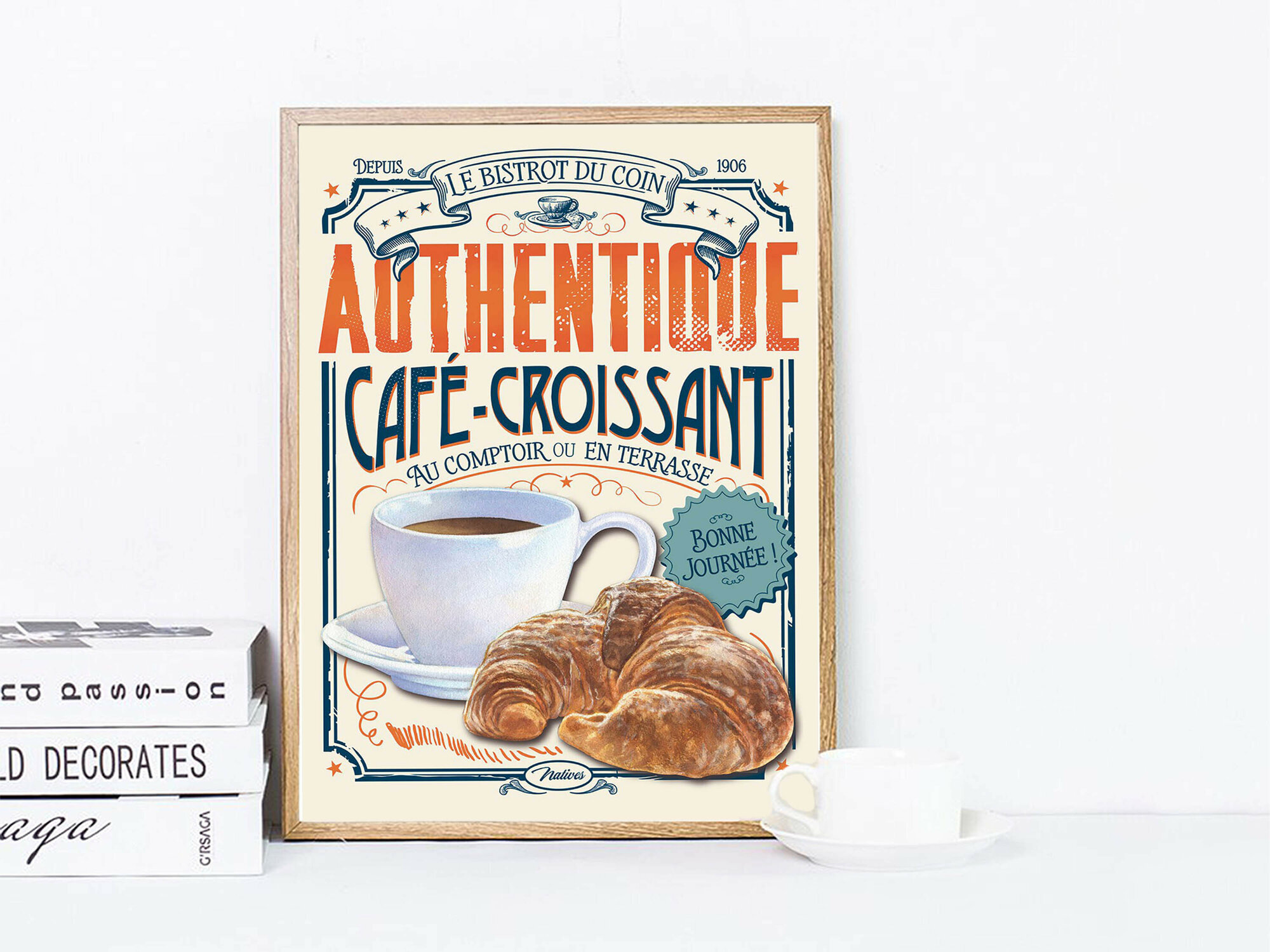 Стильный Постер для кухни Кофе и Круассан размер А3/ Ретро плакат Французский Завтрак 30x40 см/ Винтажный декор столовой и кухни