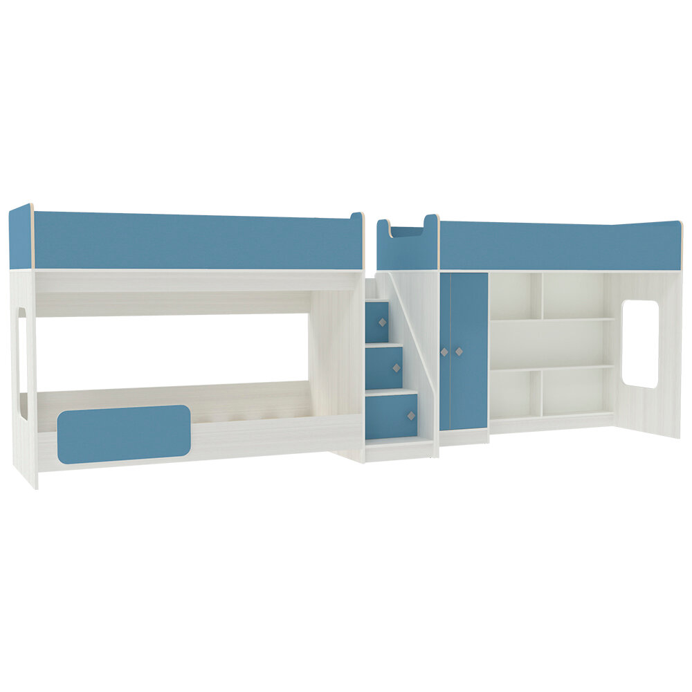 Трехъярусная кровать Л 43.1.5 Белое дерево - Светло Синий/Голубой