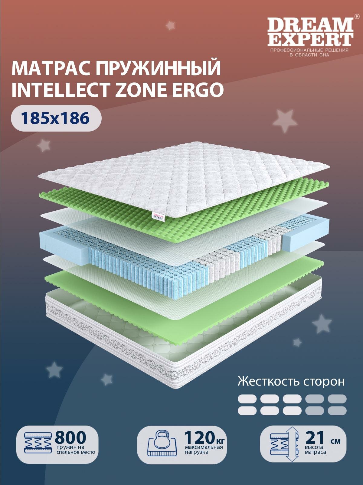 Матрас, Анатомический матрас DreamExpert Intellect Zone Ergo средней жесткости, двуспальный, зональный пружинный блок, на кровать 185x186