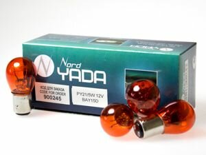 Лампа 2-конт. 12V PY21/5W S25 со смещен. цок. по высоте BAY15d желтая 10шт