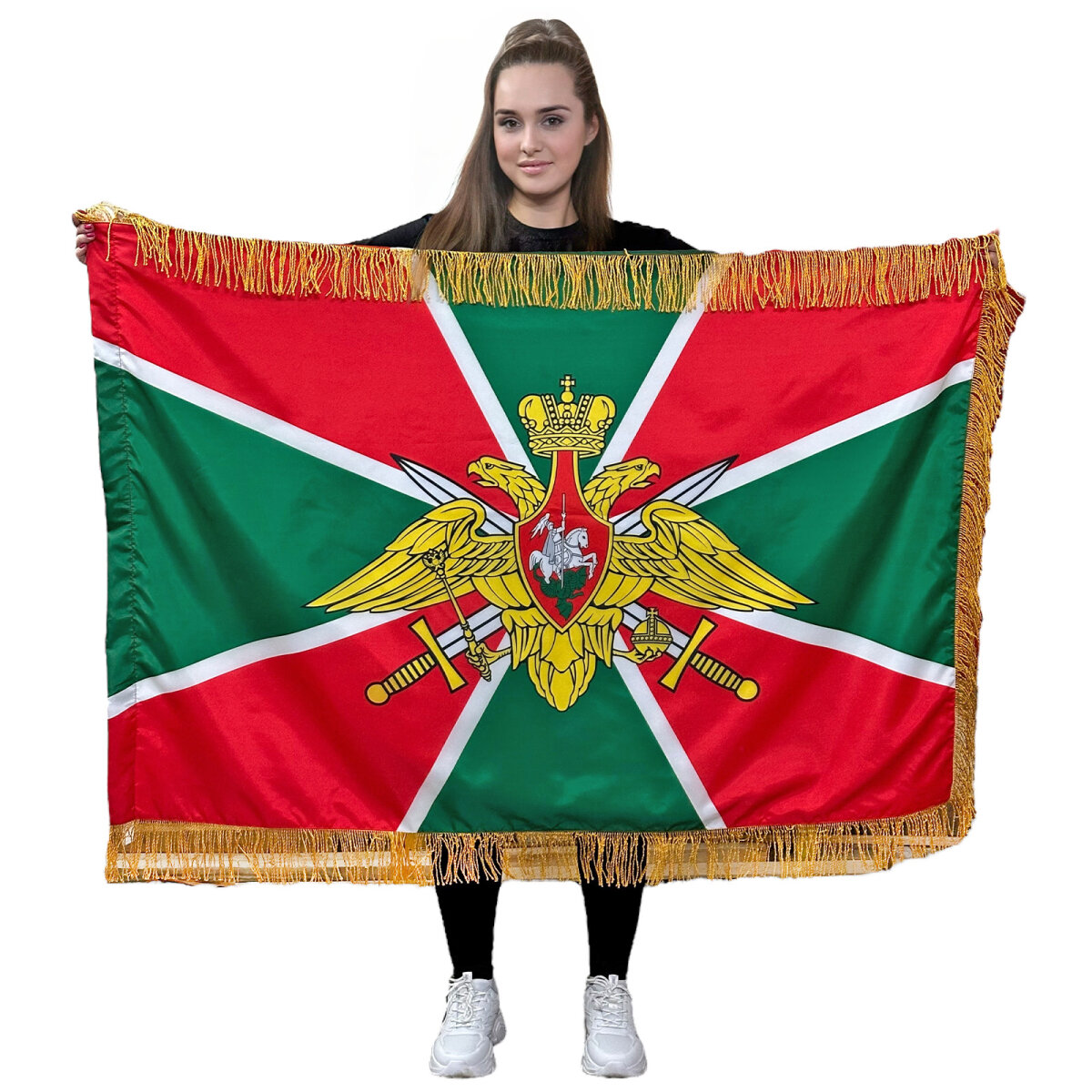 Флаг Погранвойск России с бахромой двухсторонний размер 90х135см, материал полиэфирный шелк