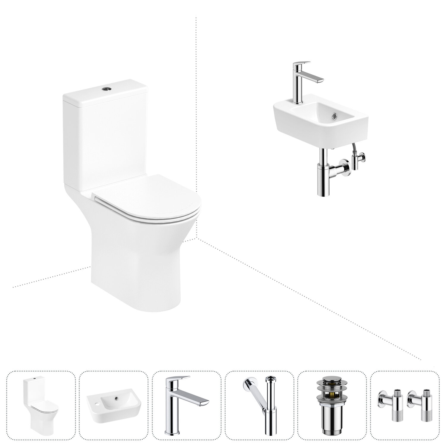 Унитаз-компакт Lavinia Boho Elegant Rimless 202008655 в наборе 6 в 1: безободковый напольный унитаз с бачком и сиденьем микролифт, раковина, донный клапан, сифон, смеситель, вентили 2 шт (цвет набора хром)