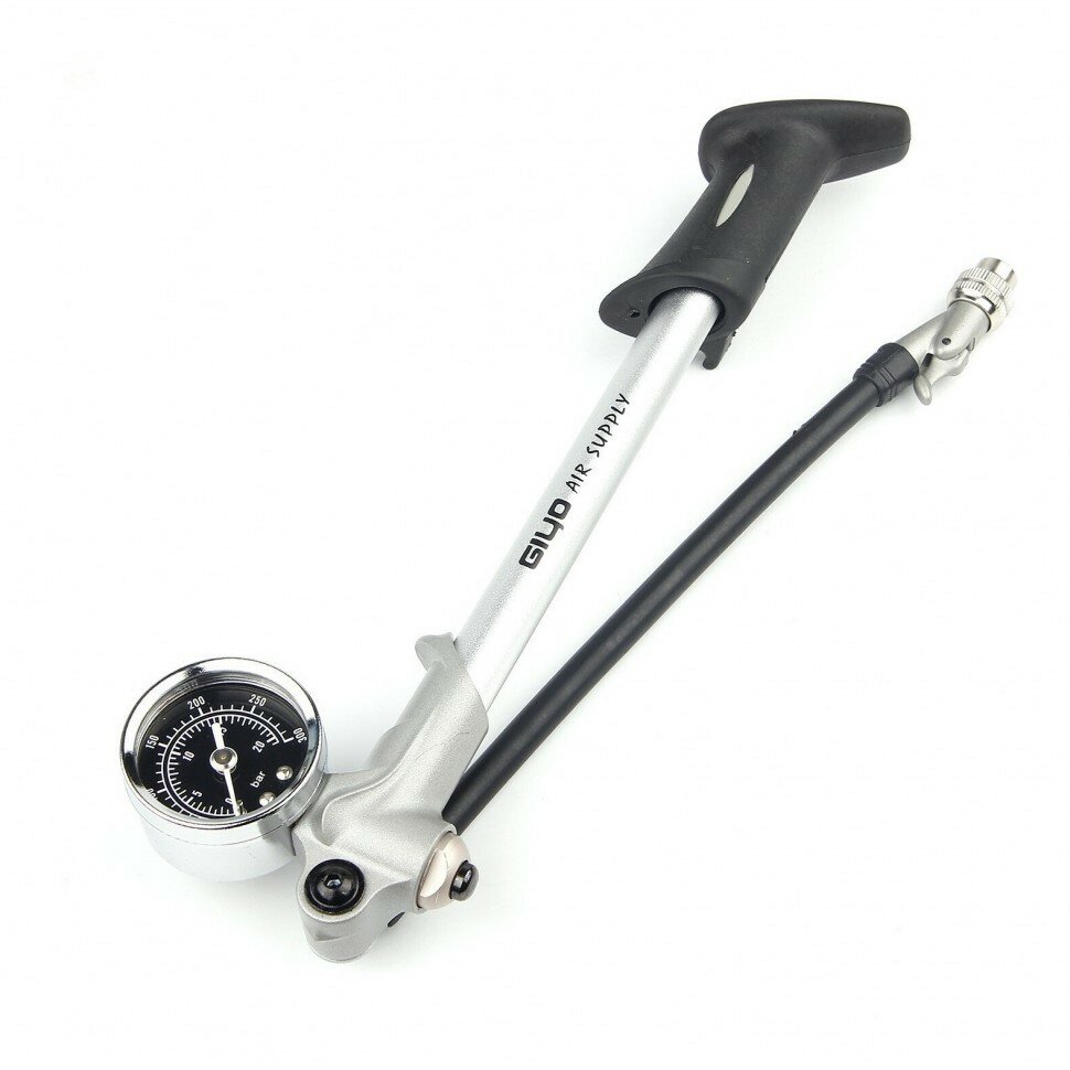 Насос GIYO GS-02D высокого давления для вилок и мортизаторов аюминиевый, до 300 psi 20 Bar, микрорегулировка давления, с клапаном фиксации