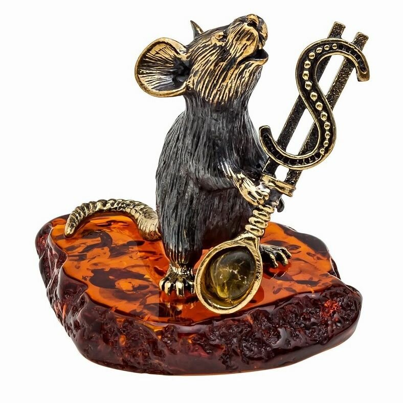 Фигурка из латуни с янтарем Мышь с ложкой Доллар на подставке 4х4 см