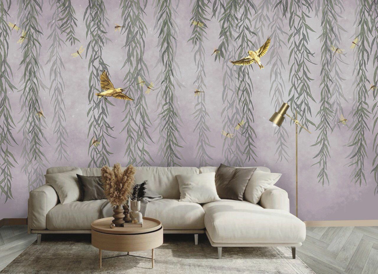 Обои бесшовные "Иволга и стрекозки" пудровый розовый (ширина 2750мм х длина 5000мм)