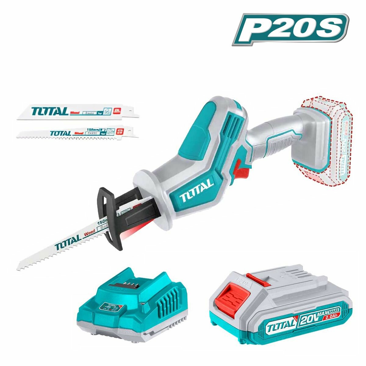 Аккумуляторная сабельная пилаTOTAL TRSLI65061, Li-ion 20V, скорость холост 0-3200 об/мин, (C АКБ и ЗУ)