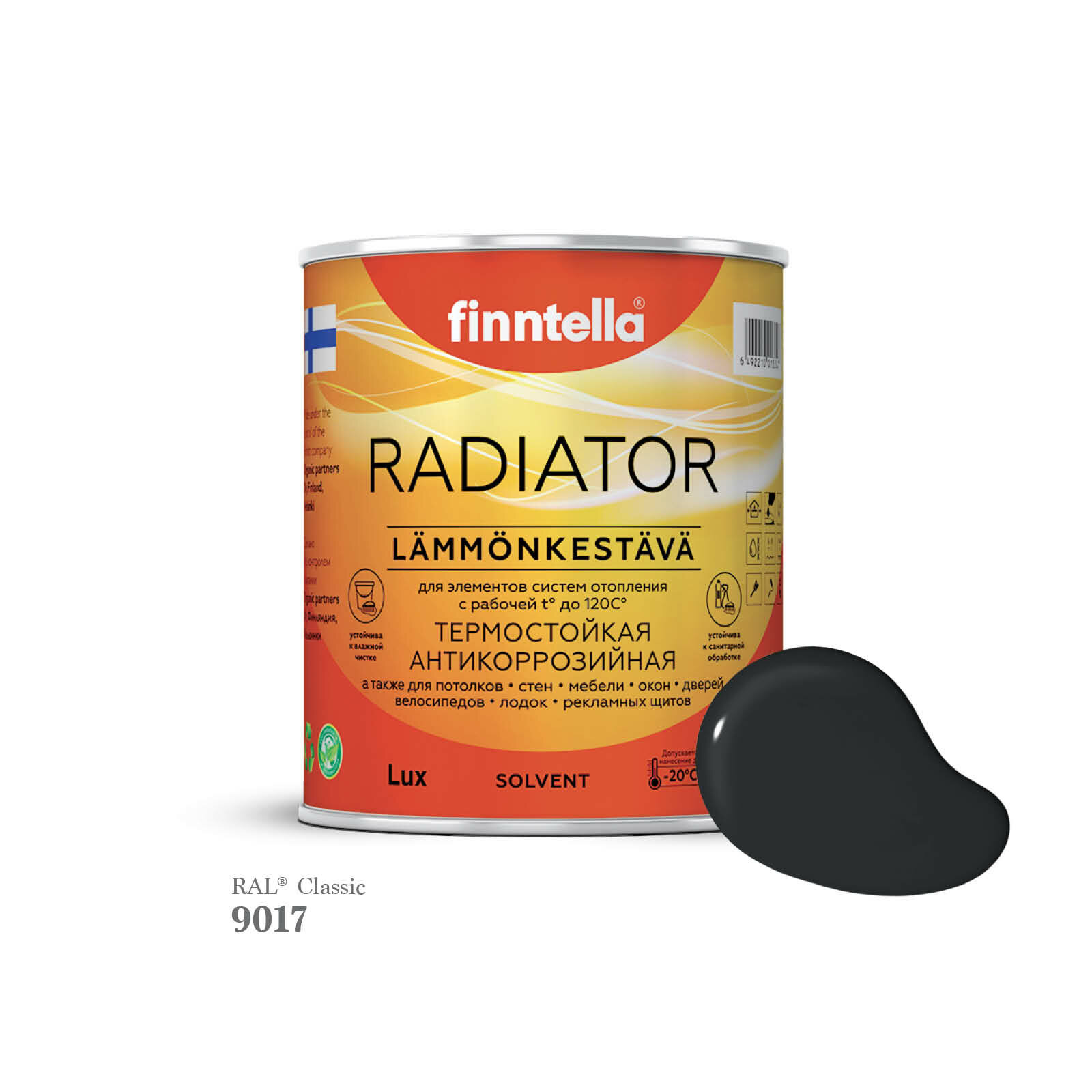 Краска для радиаторов быстросохнущая финская эмаль FINNTELLA RADIATOR, цвет RAL9017 , 0,9л