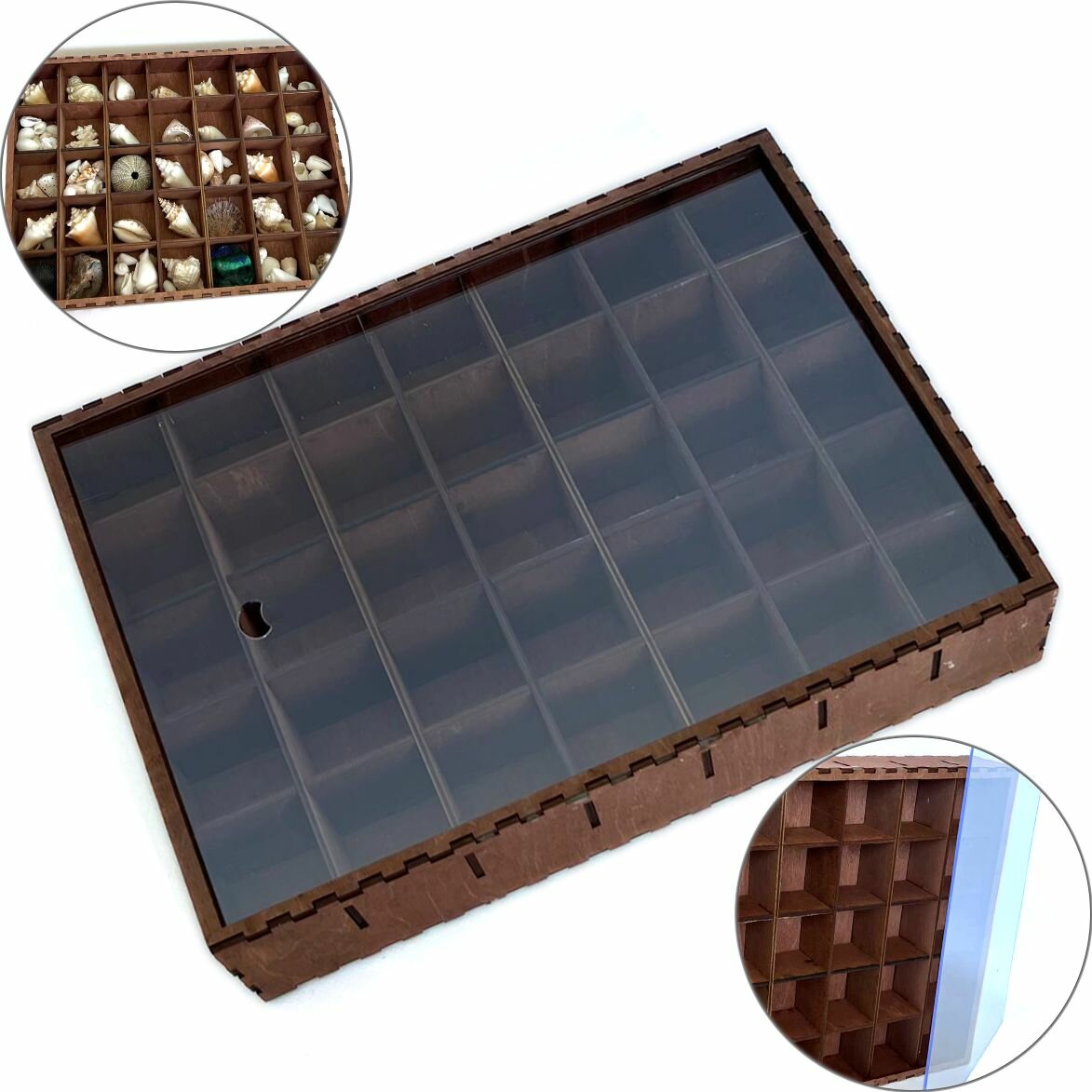 Коробка-органайзер для коллекции с выдвижным стеклом и разделителями на 35 ячеек, 30х40 см