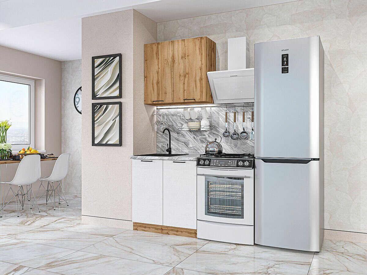 Готовый кухонный гарнитур кухня 0,8 метра Флэт-03 2140*800*600 Wotan Oak 2S, White In 2S