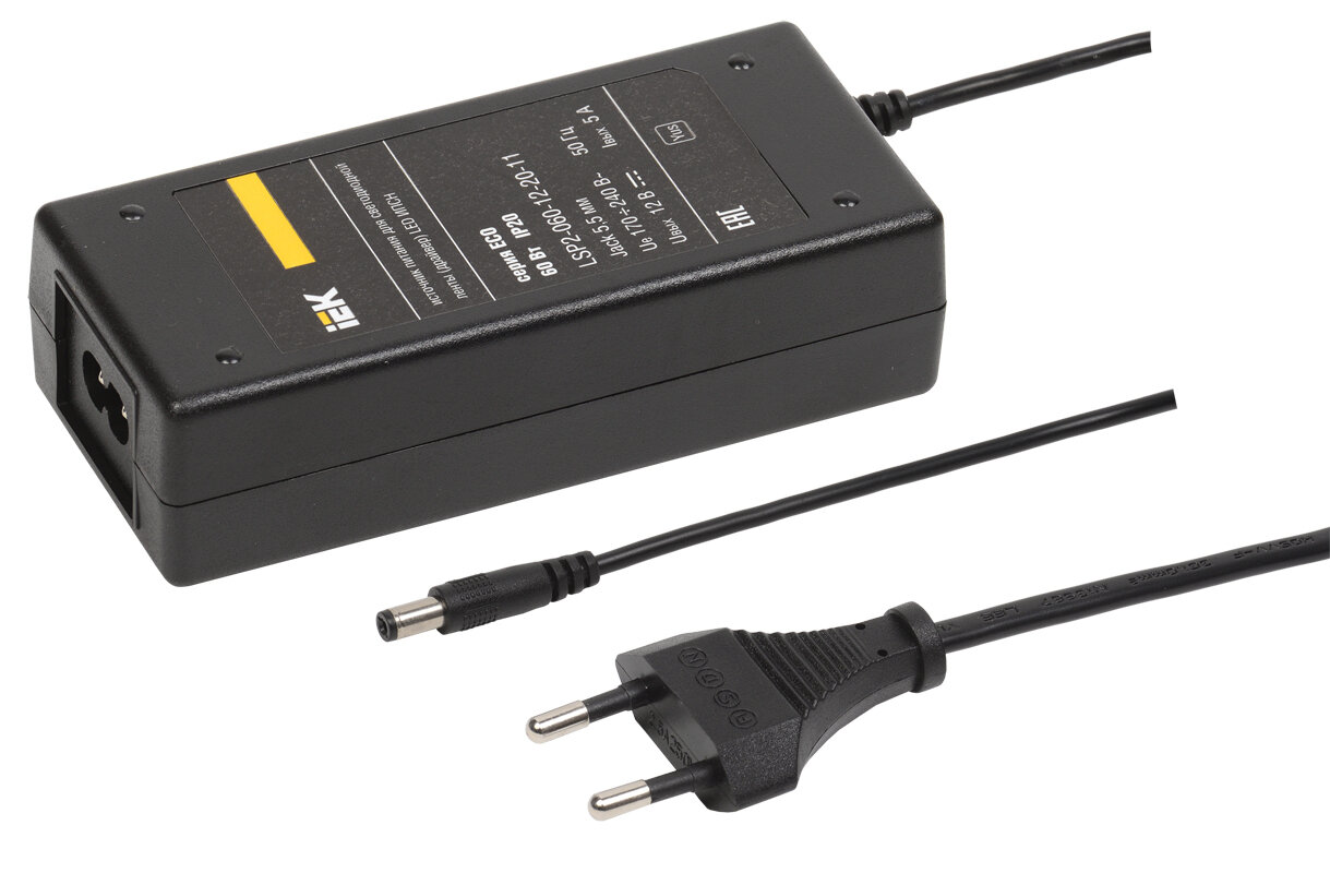 Светодиодный драйвер IEK ипсн 60Вт 12В, IP20, пластиковый корпус, сетевая вилка-блок JacK 5,5мм