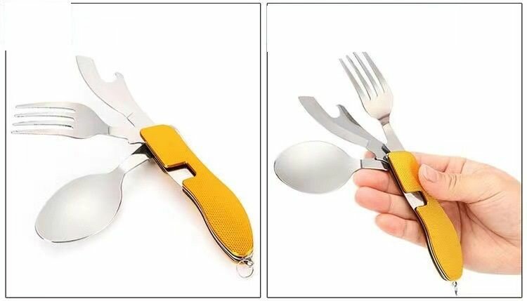 Походный туристический набор приборов вилка, ложка, нож и открывашка складные, мультитул походный