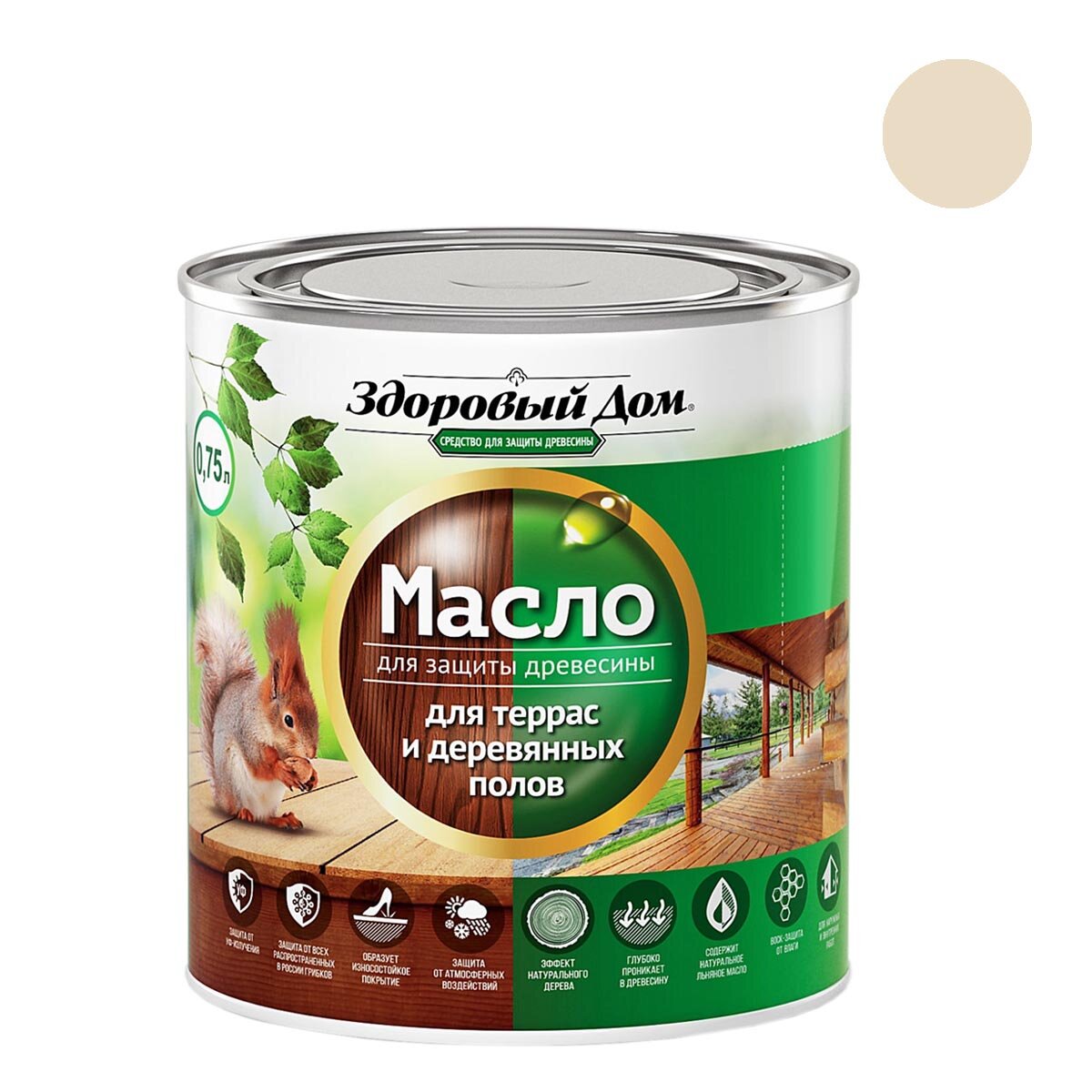 Масло Здоровый Дом для террас и деревянных полов, цвет слоновая кость, объем 0.75 л