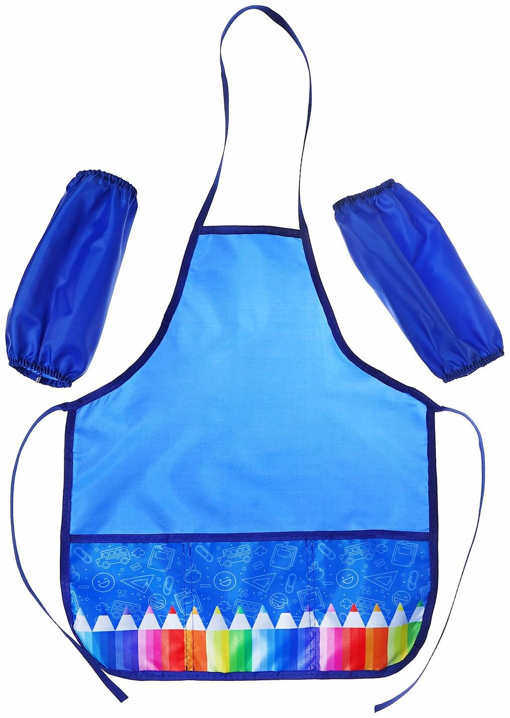 Детский фартук для творчества "Карандаши" с нарукавниками, накидка для труда, передник для рисования и лепки, 55х44 см, размер M (рост 122-158), цвет синий
