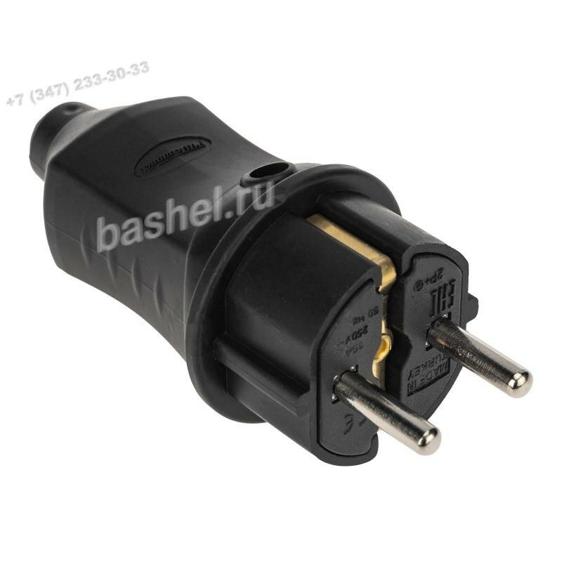 Вилка сетевая влагозащищенная прямая 2P+PE, 230В, 16А, IP44, каучук, черная PROconnect