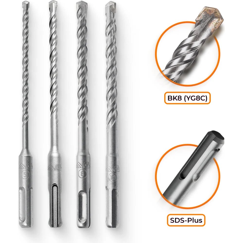 Набор буров по бетону RAGE By VIRA 4 шт 5 х 160 мм 6 х 160 мм 8 х 160 мм 10 х 160 мм SDS-plus 564518, перфораторов