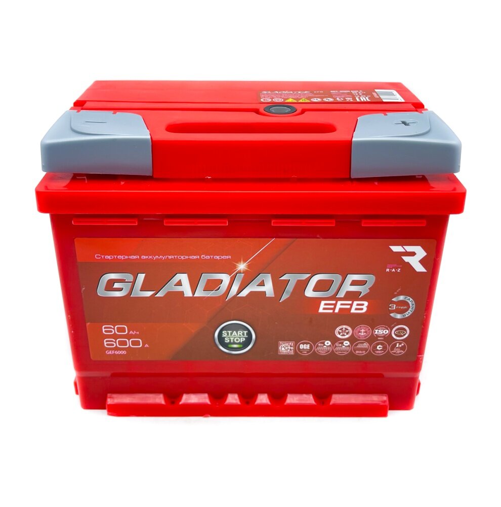 Аккумулятор GLADIATOR EFB 60 А/ч 600А об. пол (-/+) конус 242x175x190 мм