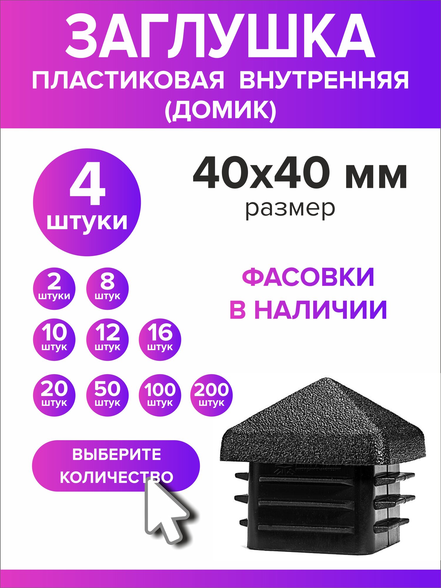 Заглушка для профильной трубы 40х40 мм Домик, пластиковая, черная, 4 штуки