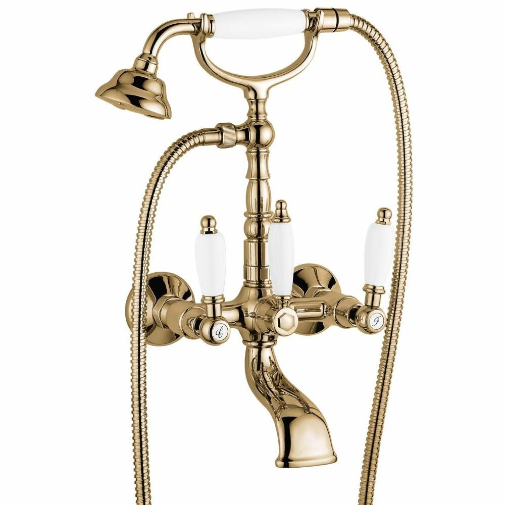 Смеситель Emmevi (Эммеви) Deco Ceramic, двухрычажный, для ванны, излив 14 см, с набором для душа, бронза, 121611/BR