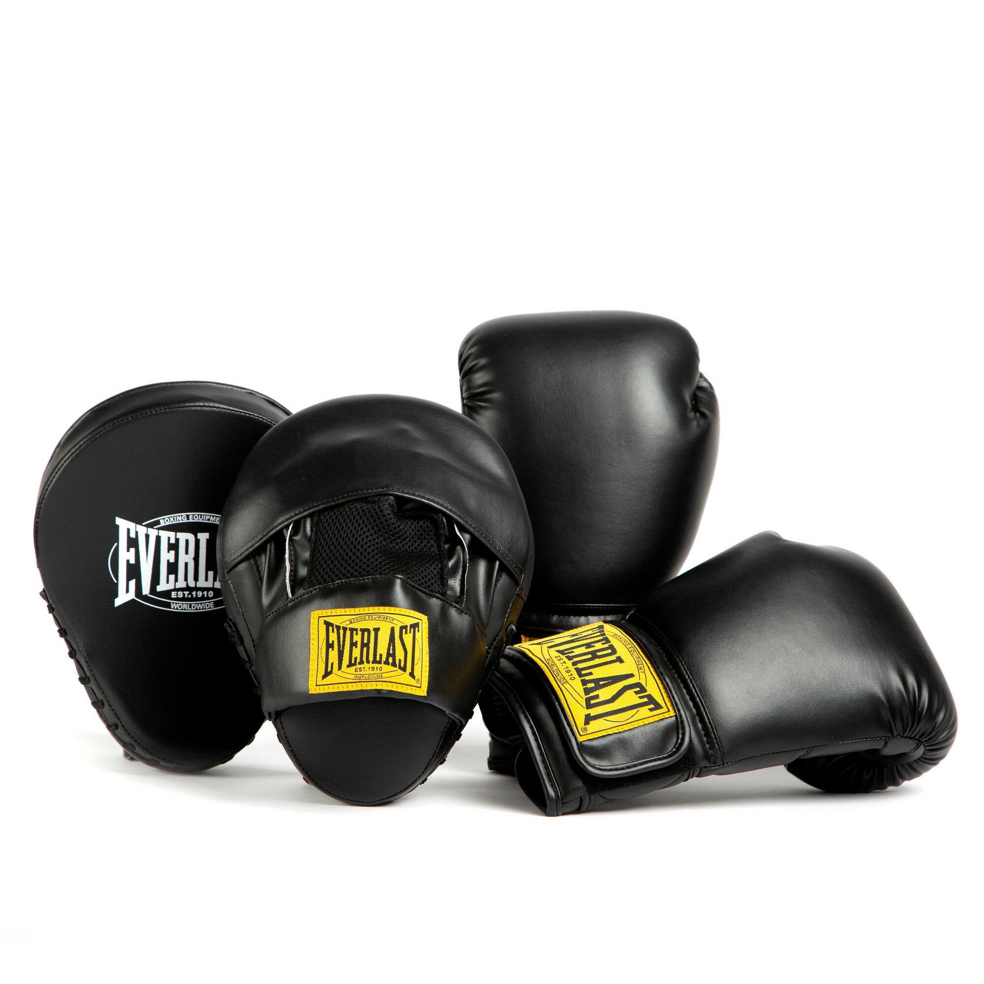 Набор для бокса Everlast 1910 PU: черные перчатки 16 унций + лапы