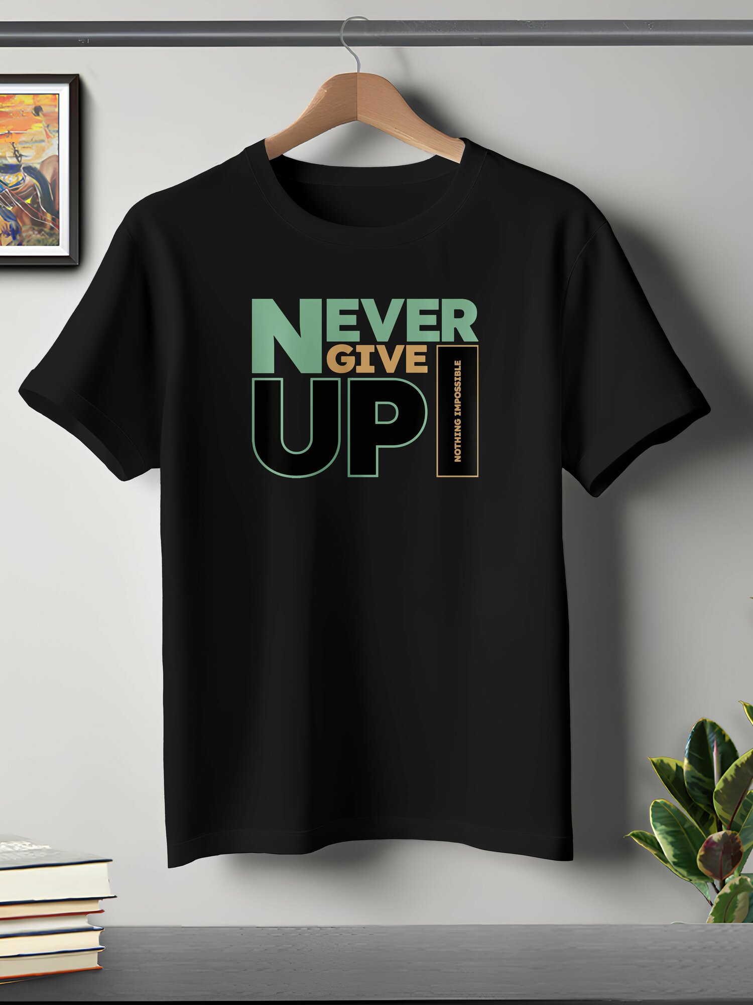 Футболка ONEQ унисекс 50-52 (XL) размер с принтом Never give up, черная